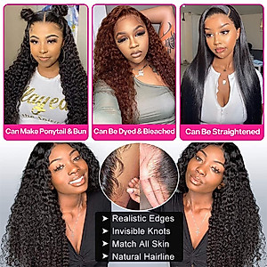 HD Lace Front Wig Human Hair Deep Wave Wigs For Black Women 180% Density 13x4 Water Curly Lace Frontal Wigs Glueless Human Hair Pre plucked with Baby Hair Brazilian Wet n Wavy Lace Closure Wig 28inch