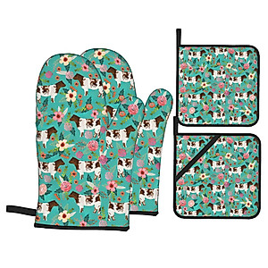 Floral Cow Oven Mitts and Pot Holders Sets, 4 Piece Set, Heat Resistant Polyester Gloves and Pads for Kitchen Cooking Baking Grilling BBQ