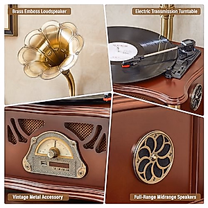 HZLSBL Vintage Gramophone with Bluetooth Output Vintage Record Players Retro Gramophone Turntables for 7" 9" 12" Vinyl Records 3 Speed, Hi-Fi, Handcrafted by Pure Oak (Walnut)