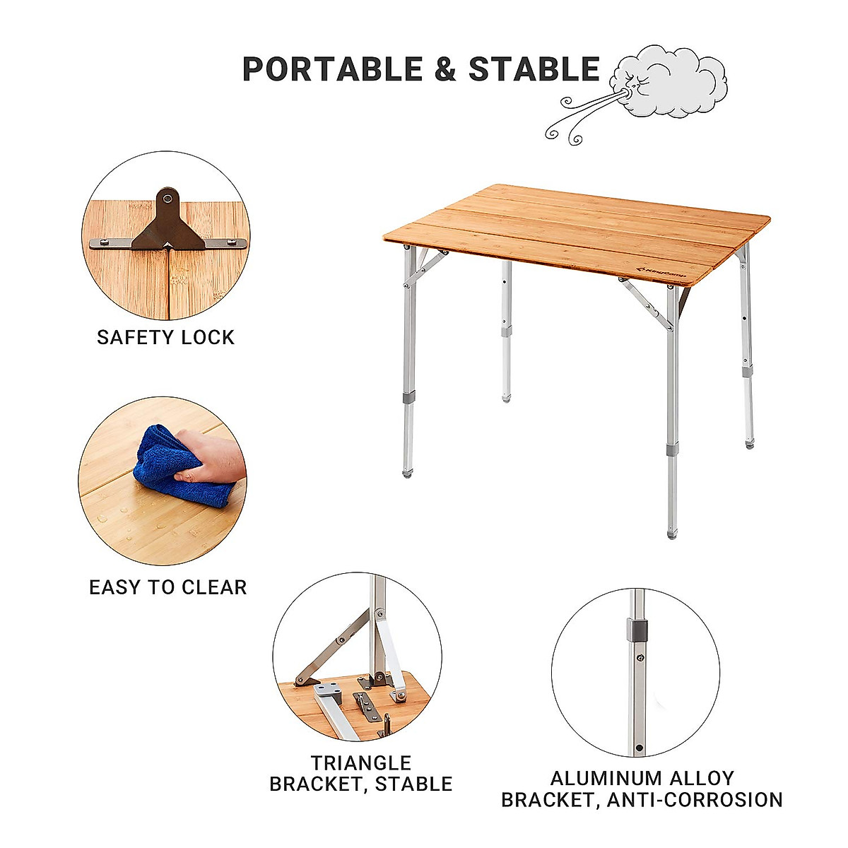 KingCamp Bamboo Camping Table Adjustable Height Portable Compact Folding Table for Indoor Outdoor Picnic Backyard BBQ