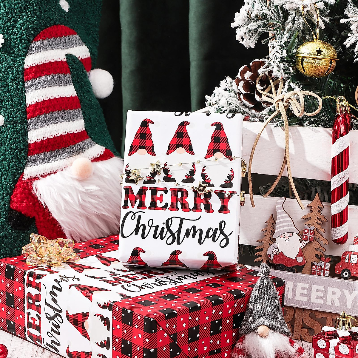LeZakaa Reversible Christmas Wrapping Paper - Jumbo Roll - Gnome & Buffalo Plaid - 30 inches x 100 Feet (250 sq.ft.)