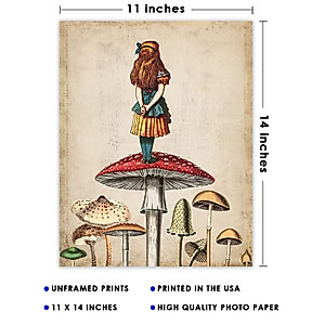 Whimsical Alice Atop Mushrooms Wall Art Print - 11x14 Unframed Picture For Home, Office, Classroom, Dorm, Living Room & Bedroom Decor - Creative Gift Idea For Alice Fans