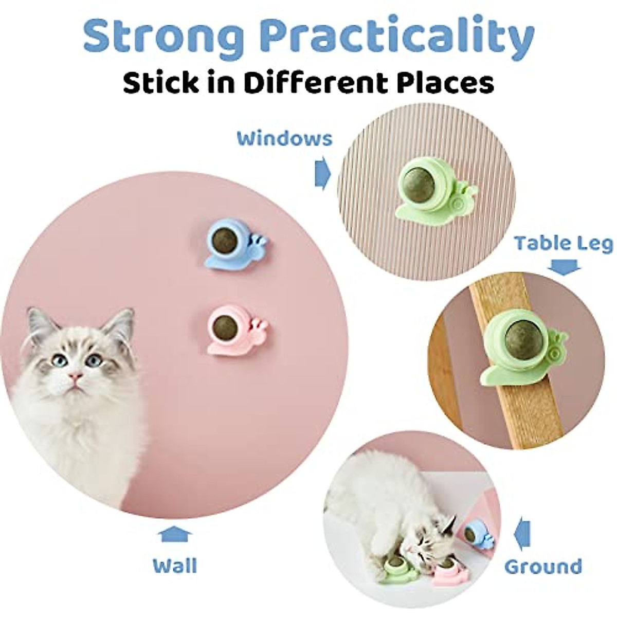 Catnip Balls for Cats Wall, 3 Pack Catnip Toys, Teeth Cleaning Cat Toy, Rotatable Edible Catnip Balls for Cats Wall, Self-Adhesive Cat Toys, Safe Healthy Kitten Chew Toys, Cat Wall Treats