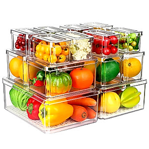 15 Pack Fridge Organizer, Stackable Refrigerator Organizer Bins with Lids PBA-Free, Clear Fridge Organizers and Storage for Kitchen, Countertops, Cabinets, Fridge, Drinks, Fruits, Vegetable, Cereals