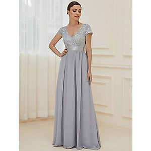 Ever-Pretty Women's Sequin V-Neck A-line Short Sleeves Empire Waist Maxi Evening Party Dress Silver US16