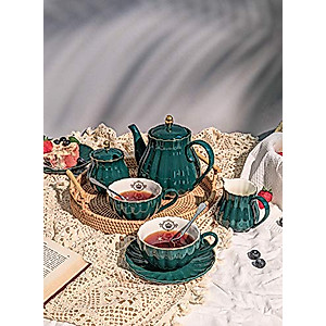 Amazingware Porcelain Tea Set - Tea Cup and Saucer Set Service for 6, with 28 ounces Teapot Sugar Bowl Cream Pitcher Teaspoons and Tea Strainer - for Thanksgiving - Pumpkin Fluted Shape, Dark Green