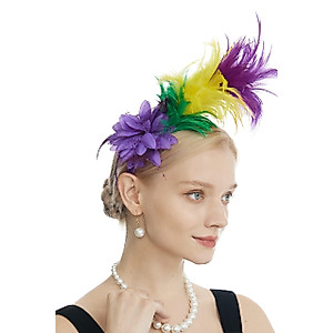 LyMet Women's 1920s Feather Fascinator Headband, Tea Party Flower Headpiece Derby Hat for Cocktail Gatsby Wedding (Purple Yellow Green)