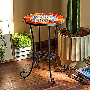 VONLUCE Patio Side Table and Plant Stand, 21" End Table with 14" Ceramic Tile Top for Porch Garden Decor, Indoor and Outdoor Mosaic Table, Living Room Bedroom Balcony Furniture for Home & Garden, Red