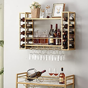 GOLASON Wall Mounted Wine Rack with Glass Holder, Metal Bottle Holder Wine Storage Display Shelf for Home Bar Dining Room Kitchen (31.5 Inch, Faux Marble)