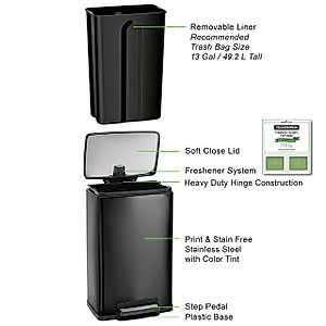 Tramontina Rectangular Step Can Freshener System, Trash Can (Charcoal Gray, 13-Gallon)
