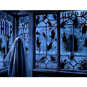 KD KIDPAR 8Pcs Halloween Window Door Decoration Covers Set, Includes 4Pcs 60x30” Window Clings&2Pcs 80x36” Door Posters with Scary Bloody Handprints&2 Fright Tape, Indoor and Outdoor Décor for Party