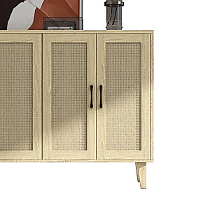 Panana Buffet Storage Cabinet with Rattan Decorating 4 Doors Living Room Kitchen Sideboard 48.43 x 34.65 x 15 inch (Natural Wood)
