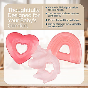 Itzy Ritzy Water-Filled Teethers - Cold Cutie Coolers Textured On Both Sides to Massage Sore Gums & Emerging Teeth - Can Be Chilled in Refrigerator, Set of 3 Coordinating Pink Unicorn Water Teethers