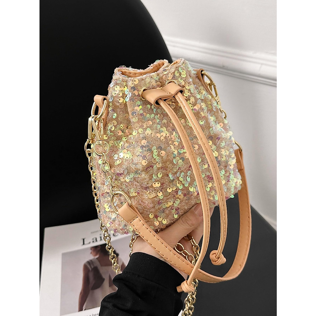 Verdusa Women's Sequin Drawstring Bucket Bags Glitter Crossbody Handbag Mini Purse Khaki one-size