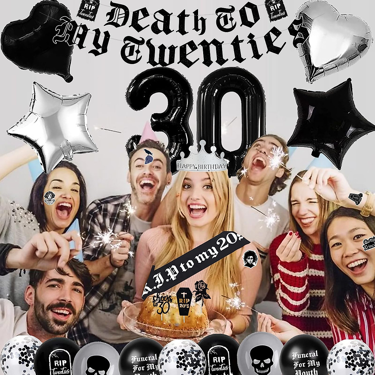 Black 30th Birthday Decorations for Women or Men, Death to My 20s Decorations, Death to My Twenties Banner Number 30 Balloons Rip to My 20s Sash Cake Toppers for Rip 20s Birthday Decorations