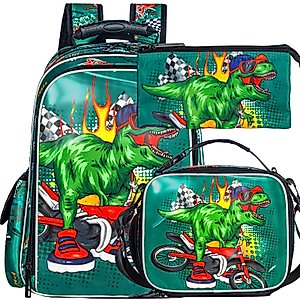 KLFVB 3PCS Dinosaur Backpack for Boys, 16" Kids Bookbag and Lunch Box, Water Resistant 3D Preschool Backpacks for Elementary Students