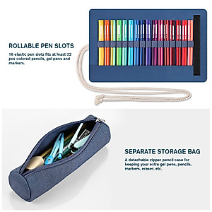 FINPAC Pencil Case, Large Capacity Roll-Up Pencil Pouch Wraps, Pen Pouch Stationery Storage Organizer, Office Stationery Supply, Navy