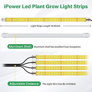iPower 60W LED Plant Grow Light Strips Full Spectrum for Indoor Plants with Auto ON/Off 3/9/12H Timer, 10 Dimmable Levels 48 LEDs, Sunlike Grow Lamp for Hydroponics Succulent, 4 Tubes, Yellow