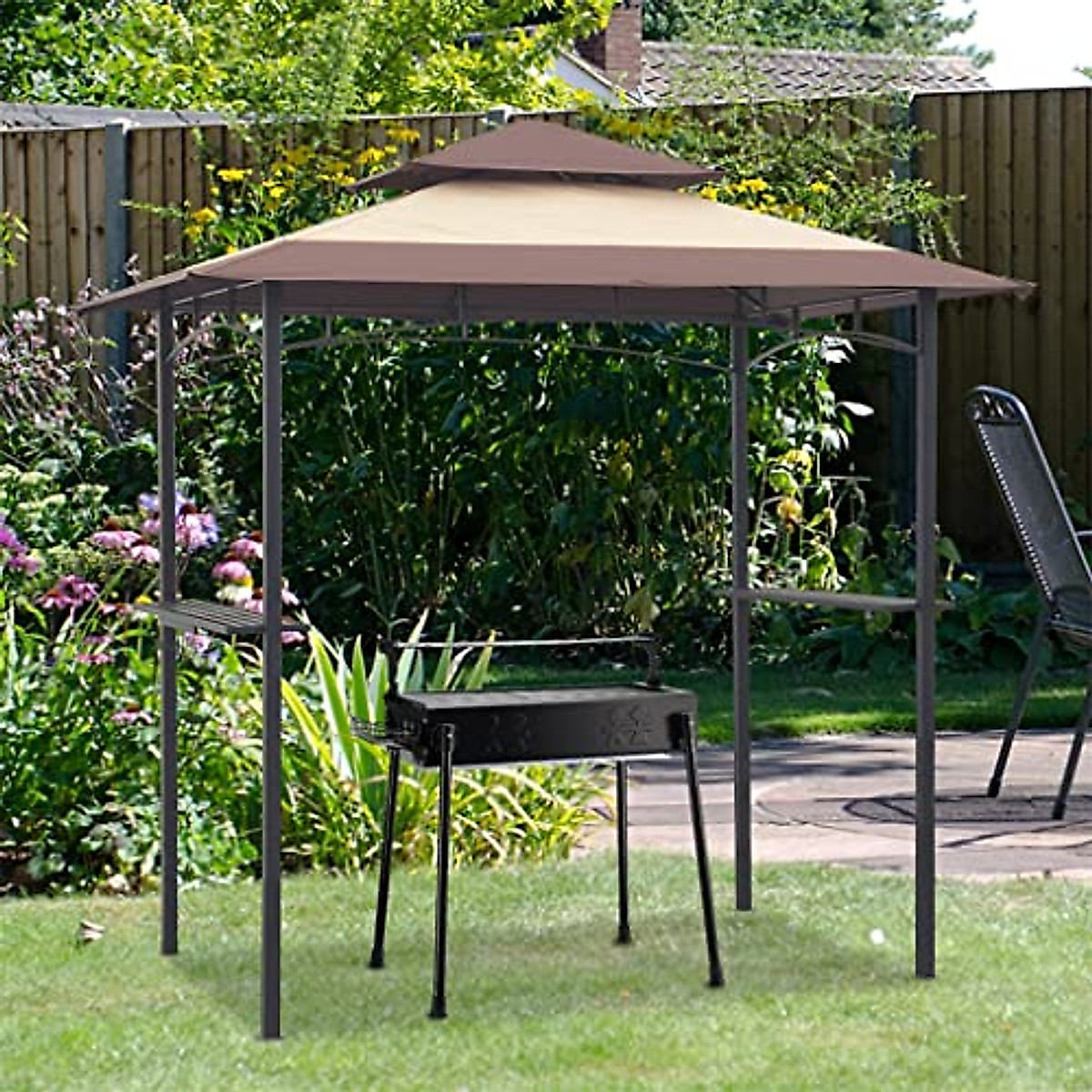 ADUH Outdoor Grill Gazebo 8 X 5 Ft Shelter Tent Double Tier Soft Top Canopy and Steel Frame with Hook and Bar Counters