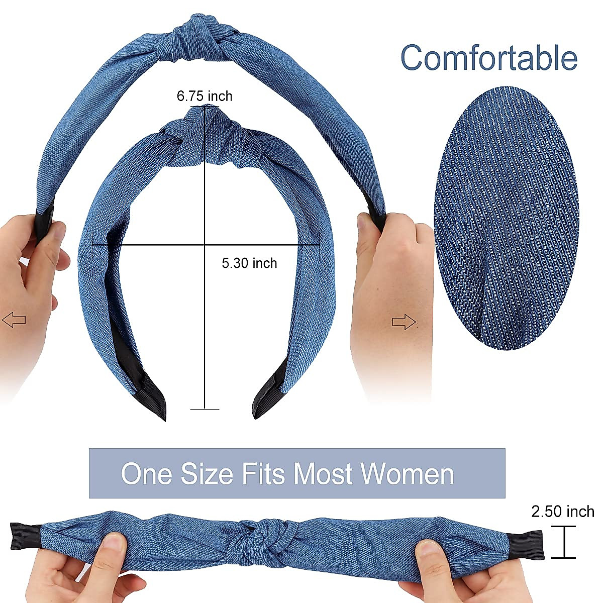 TOBATOBA Denim Wide No-Slip Fashion Boho Turban Elastic Headbands - Blue Jean Knotted Top Knot Headbands for Women and Girls