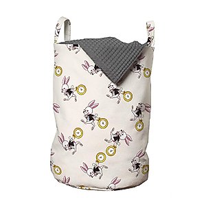 Lunarable Alice in Wonderland Laundry Bag, White Rabbit Dancing in The Sky Fantasy World and Alice Theme, Hamper Basket with Handles Drawstring Closure for Laundromats, 13" x 19", Yellow Black
