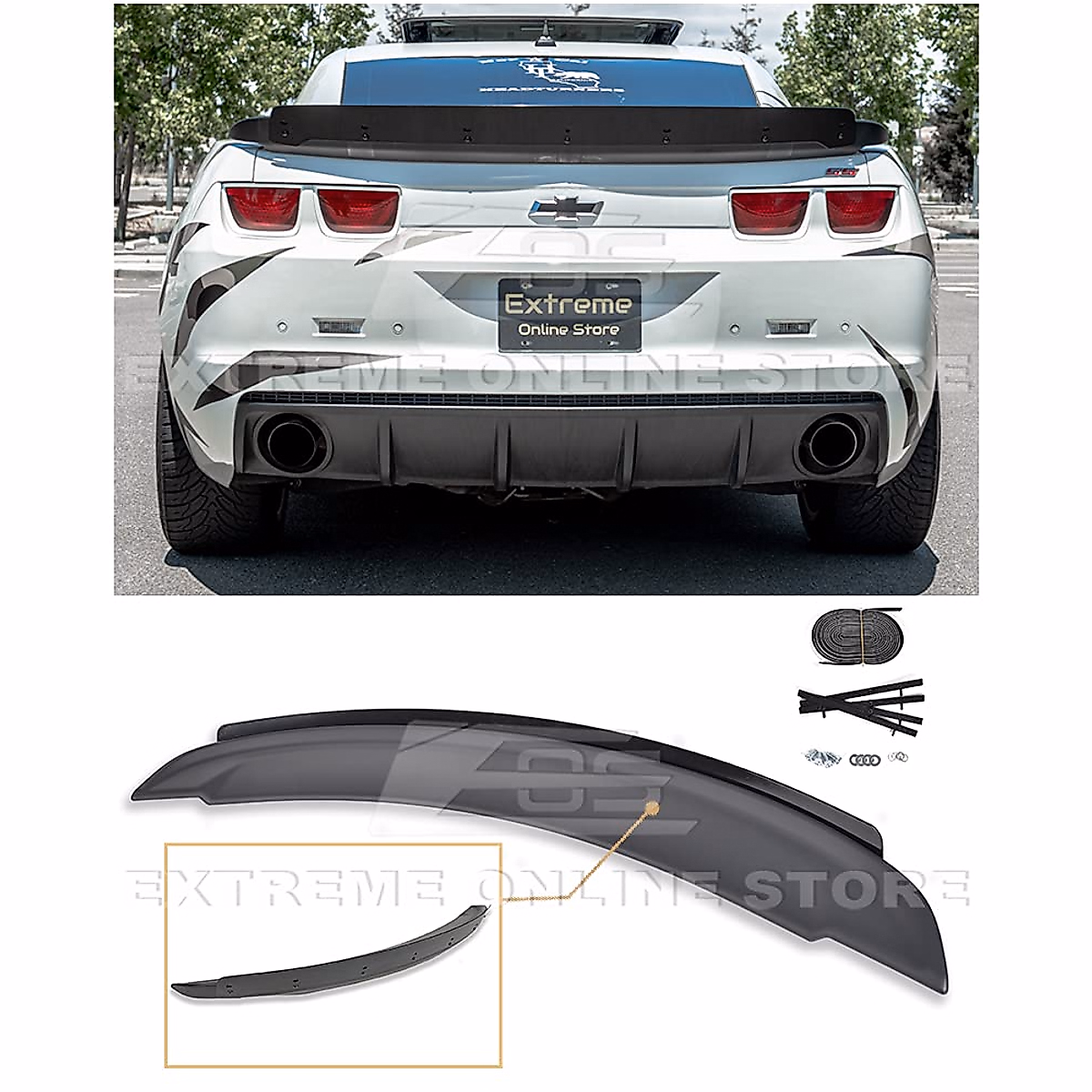 for 2010-2013 Chevrrolet Camaro | EOS ZL1 Style Rear Trunk Lid Wing Spoiler with Aluminum GLOSSY BLACK Center WickerBill Insert (ABS Plastic - Matte Black)