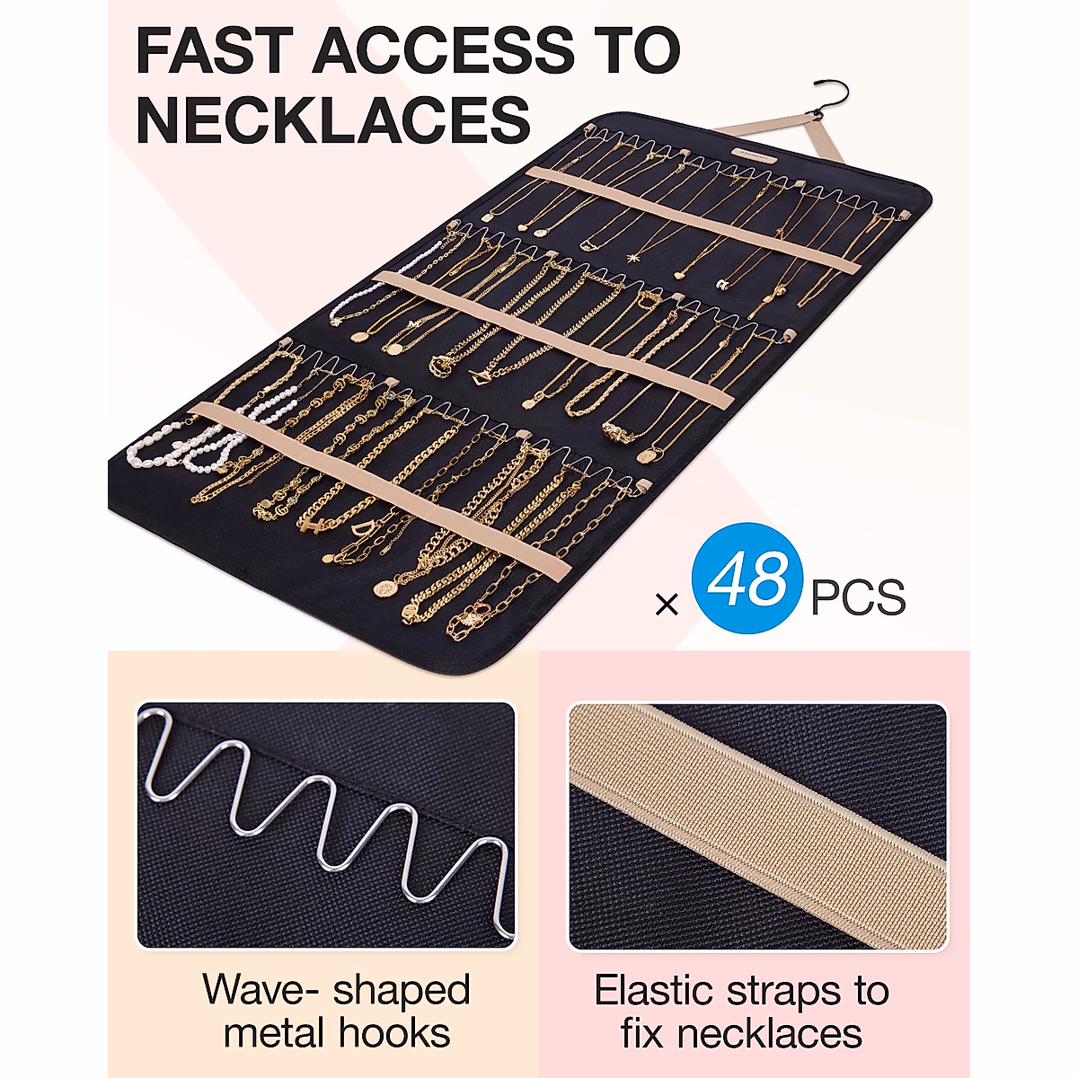 BAGSMART Hanging Jewelry Organizer Storage Roll with Hanger Metal Hooks Double-Sided Jewelry Holder for Earrings, Necklaces, Rings on Closet, Wall, Door, 1 piece, Extra Large, Black