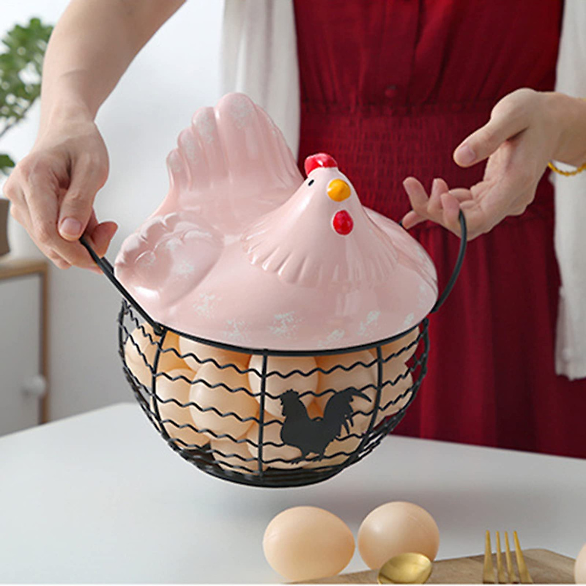 Simple Creative Storage Basket Creative Hen Ceramic and Iron With Storage Basket Hand-painted Egg Carton Large Capacity Kitchen Storage Gods Hold 20-25 Eggs (Yellow Grid Basket)