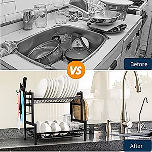 Flexzion 2 Tier Dish Drying Rack Drainboard Set, Kitchen Drying Rack Dish Drainer with Utensil Holder, Cup Hanger, Tray Plate Rack for Kitchen Countertop, Organizer, Storage Accessories, Black