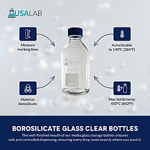 USA LAB 2000 ML Round Media Bottle with GL45 Screw Cap, Clear 3.3 Borosilicate Glass Bottles for Scientific Solution Storage, Multi Purpose Science Labs Solvent Container