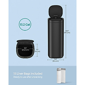 SONGMICS Motion Sensor Trash Can, 13 Gallon Automatic Kitchen Garbage Can, Multi-Colored Indicator Lights, Ozone Odor Control, Stay-Open Lid, Tall, Stainless Steel, Black ULTB620B50