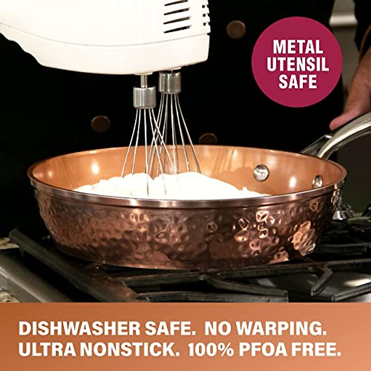 Gotham Steel 12” Nonstick Fry Pan with Lid – Hammered Copper Collection, Premium Aluminum Cookware with Stainless Steel Handles, Induction Plate for Even Heating, Dishwasher & Oven Safe