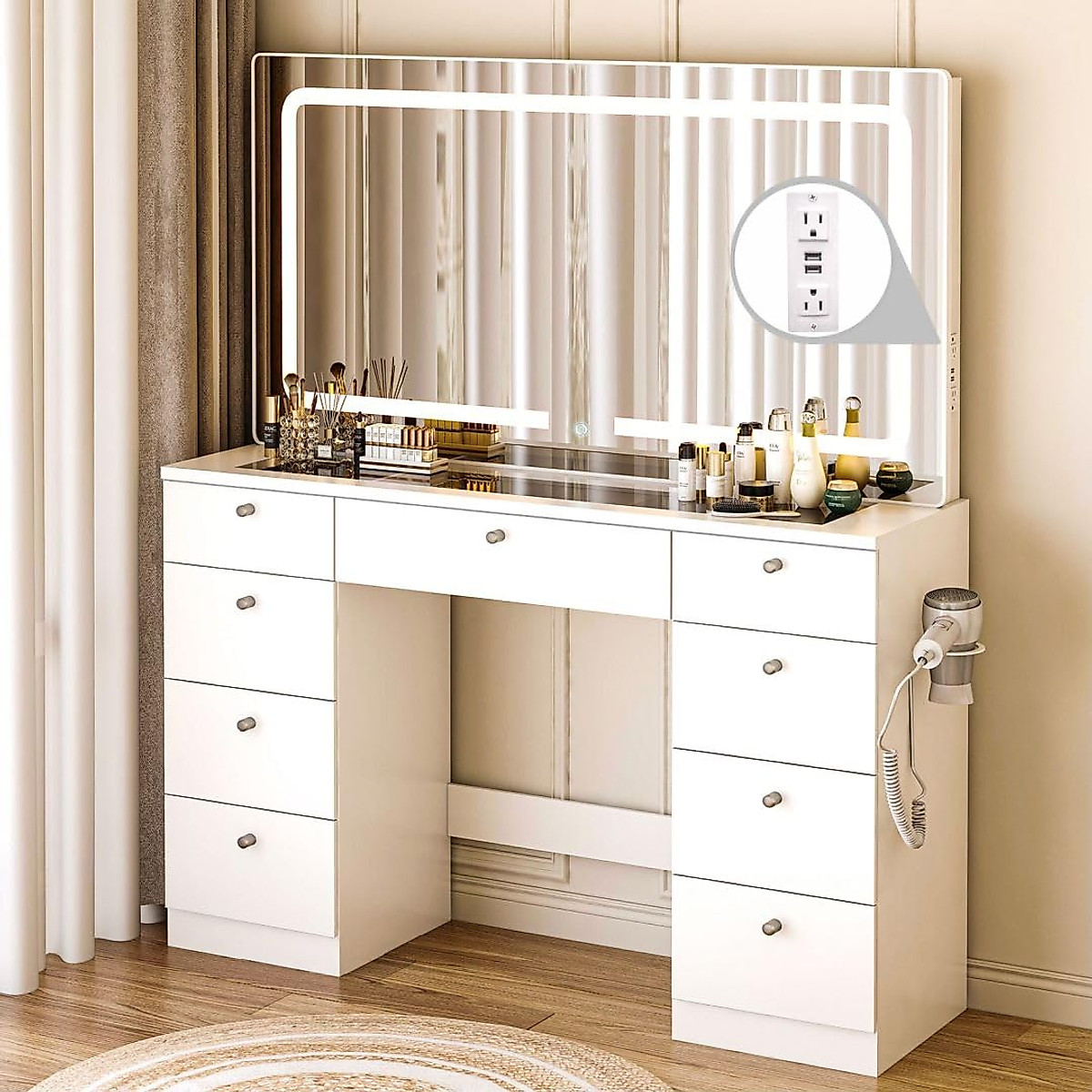 Bvldfamly Makeup Furniture with Power Outlet & LED Lights, Glass Top Makeup with Multiple Storage Space, 3 Lighting Modes Adjustable Brightness for Dressing Room, White