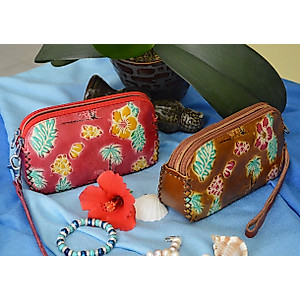 Leather Purse/wallet,two Zipper for Two Separate Rooms, Lovely Hawaii Scenery (Brown)