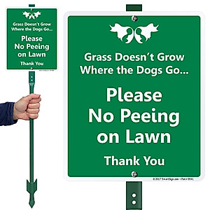 SmartSign 12 x 10 inch “Grass Doesn't Grow Where The Dogs Go - Please No Peeing On Lawn” LawnBoss Yard Sign with 3 foot Stake, 40 mil Laminated Rustproof Aluminum, White and Green, Set of 1, USA-Made