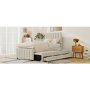 FEELHOME Upholstered Platform Bed, Twin Size Wooden Bed Frame with Pull-Out Twin Size Trundle and 3 Drawers, Wood Slat Support, No Box Spring Needed, Linen Fabric, Beige