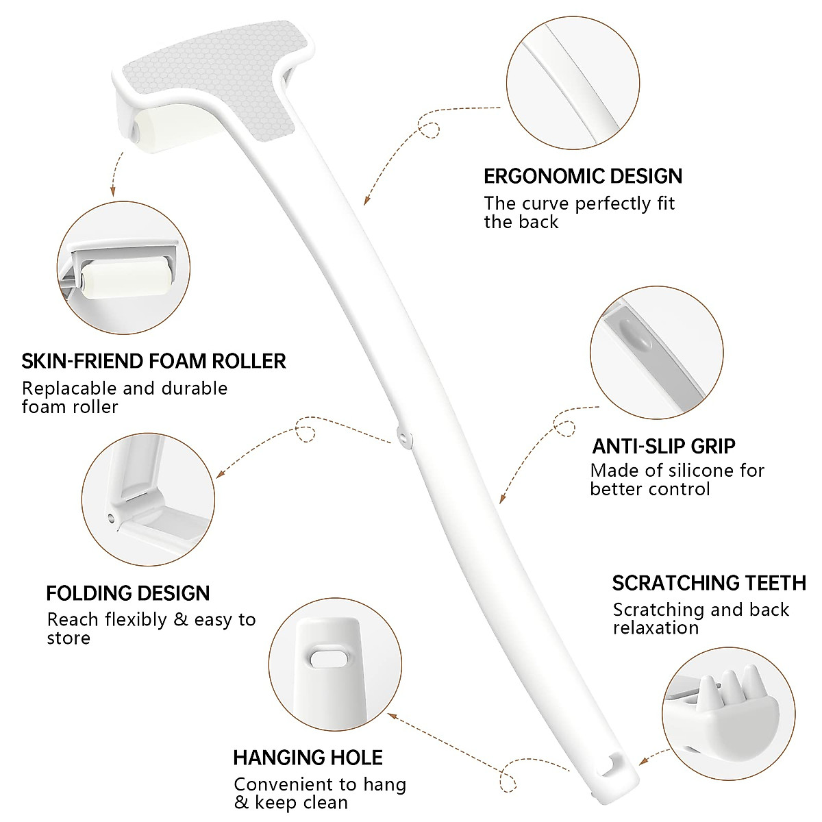 KUMSANITE Lotion Applicator for Back & Body with Folding Curved Long Handle for Any Lotions Sunscreen Cream Medication Ointment for Women Men, 2 Replaceable Foam Rollers with Bracket (White)