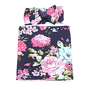 Galabloomer Receiving Blanket Headband Set Flower Print Baby Swaddle Receiving Blankets… (Navy Blue Rose)