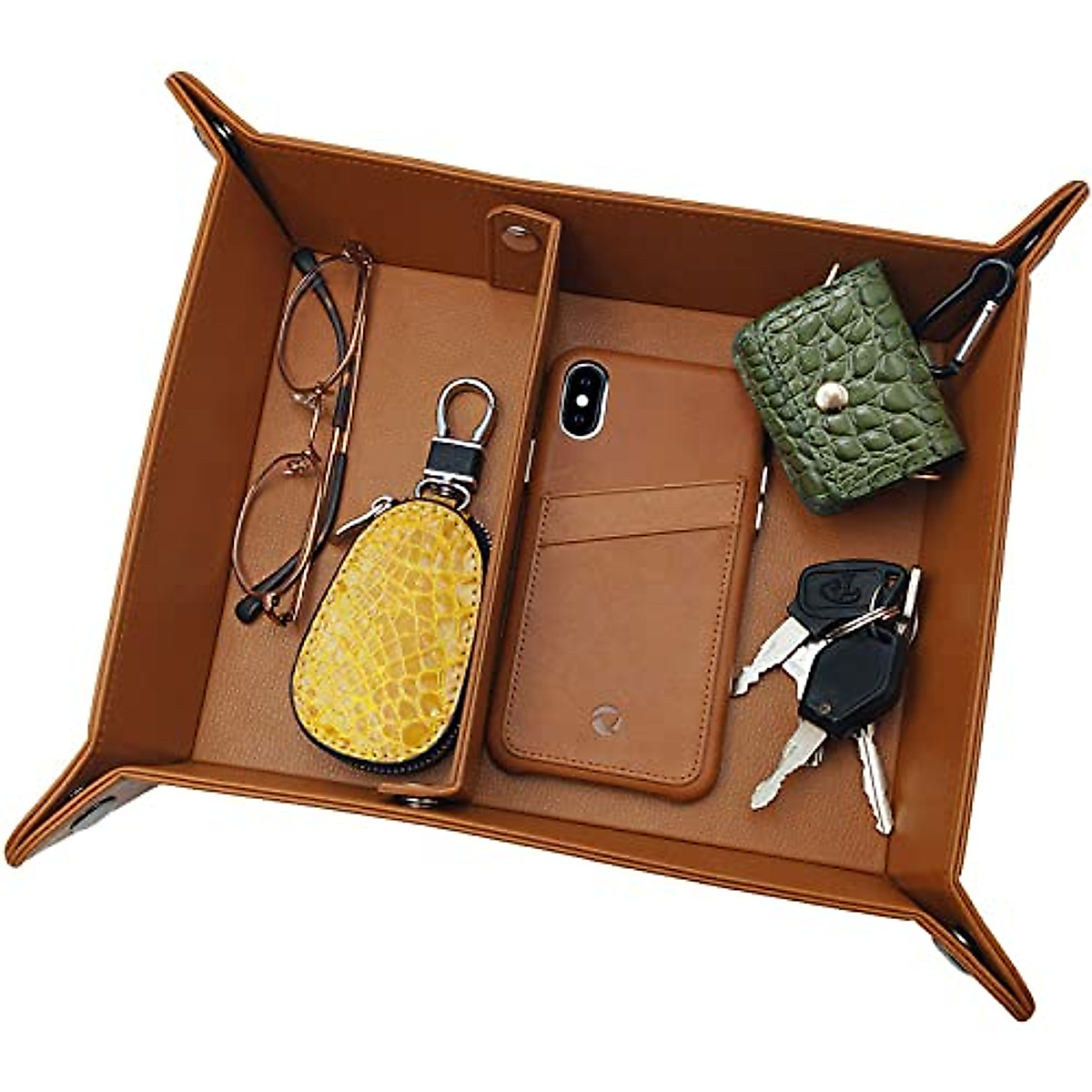 LUCKYCOIN Leather Valet Tray for Men and Women, Great Fathers Day Husband Gift, Premium Vegan Leather Storage Nightstand Organizer, Vanity EDC Catchall Tray for Keys, Wallet, Jewelry, Eyeglass, Brown