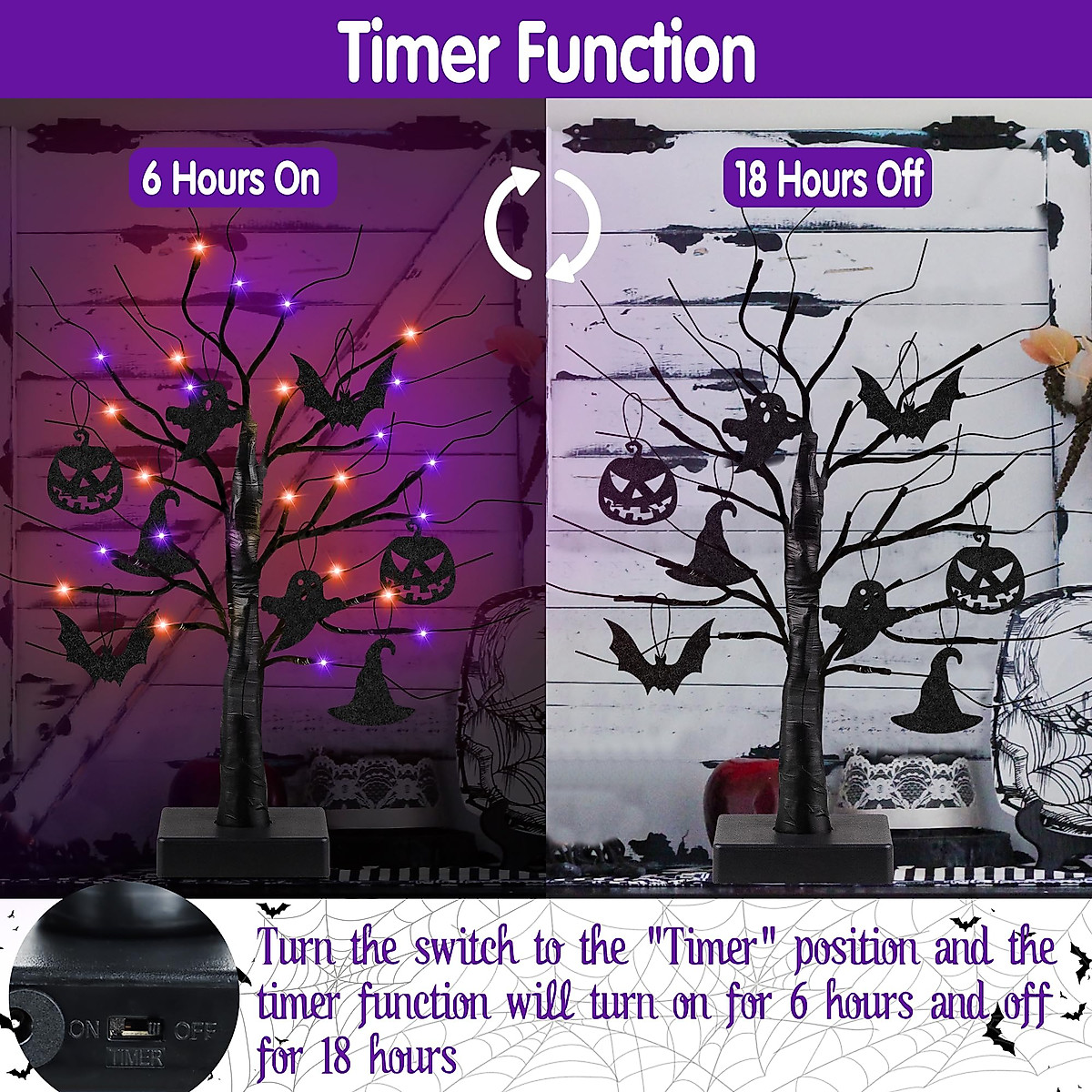 2 Pack 24 Inch Black Halloween Tree with 24 LED Orange Purple Lights, Timer/USB/Battery Operated Light Up Halloween Table Decorations, Spooky Halloween Decorations Indoor Home Mantle Room Party Decor