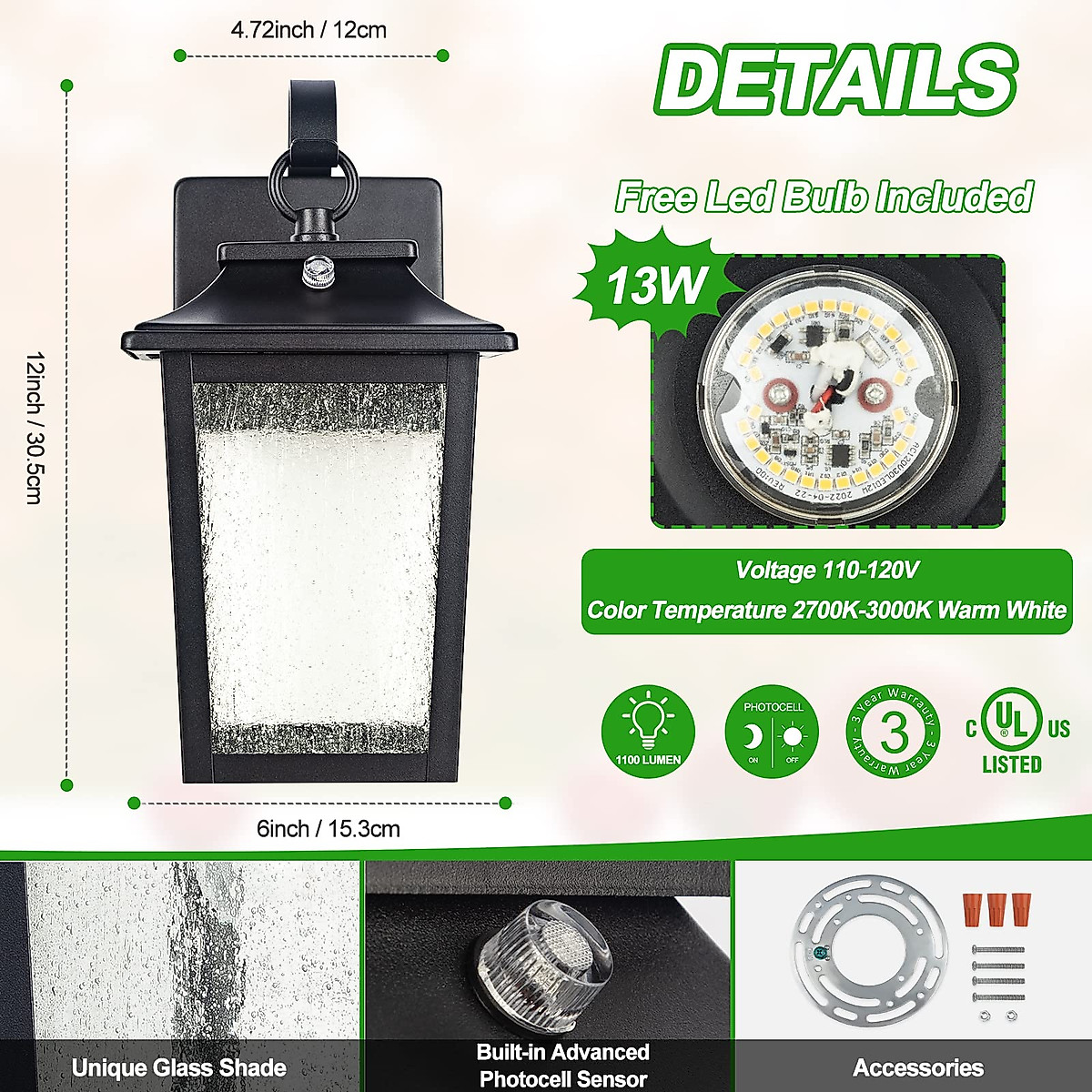 LED Dusk to Dawn Outdoor Wall Lantern with Sensor - Exterior Porch Lighting Fixtures, Black Outside Wall Mount Sconce with 13W 3000K for House Garage, Doorway Garden Patio, 100% Waterproof Anti-Rust