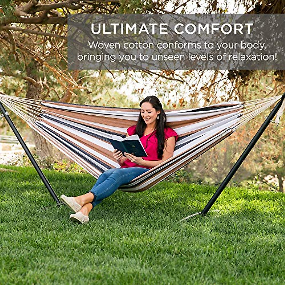 Best Choice Products 2-Person Double Hammock with Stand Set, Indoor Outdoor Brazilian-Style Cotton Bed for Backyard, Camping, Patio w/Carrying Bag, Steel Stand, 450lb Weight Capacity - Desert Stripes