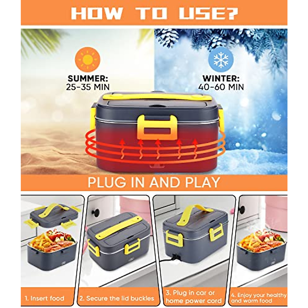 unumac Heated Lunch Box - Electric Lunch Box Food Heater 1.8l for Adults, 3 in 1 Electric Lunchbox Portable Food Warmer for Car/Truck Drivers/Work with Spoon, Fork, Insulated Carry Bag, 12V/24V/110V