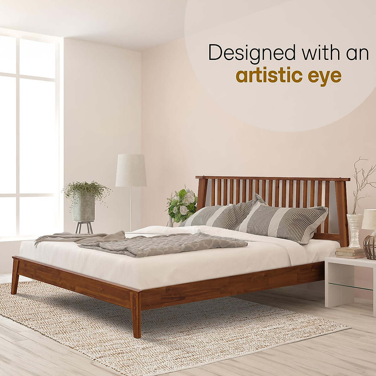 Acacia Kaylin Bed Frame with Headboard Solid Wood Platform Bed, King Bed Frame, Scandinavian Signature Wood Bed Compatible with All Mattress Types, Non-Slip and Noise-Free, Walnut