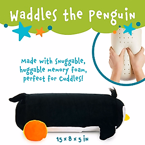 MEMORY MATES Cuddly Memory Foam Pillow Plush with Belly Pocket, Kids Pillow for Hugging Sleeping & Storing Diary, 15” Stuffed Animal & Journal Set - Waddles The Penguin