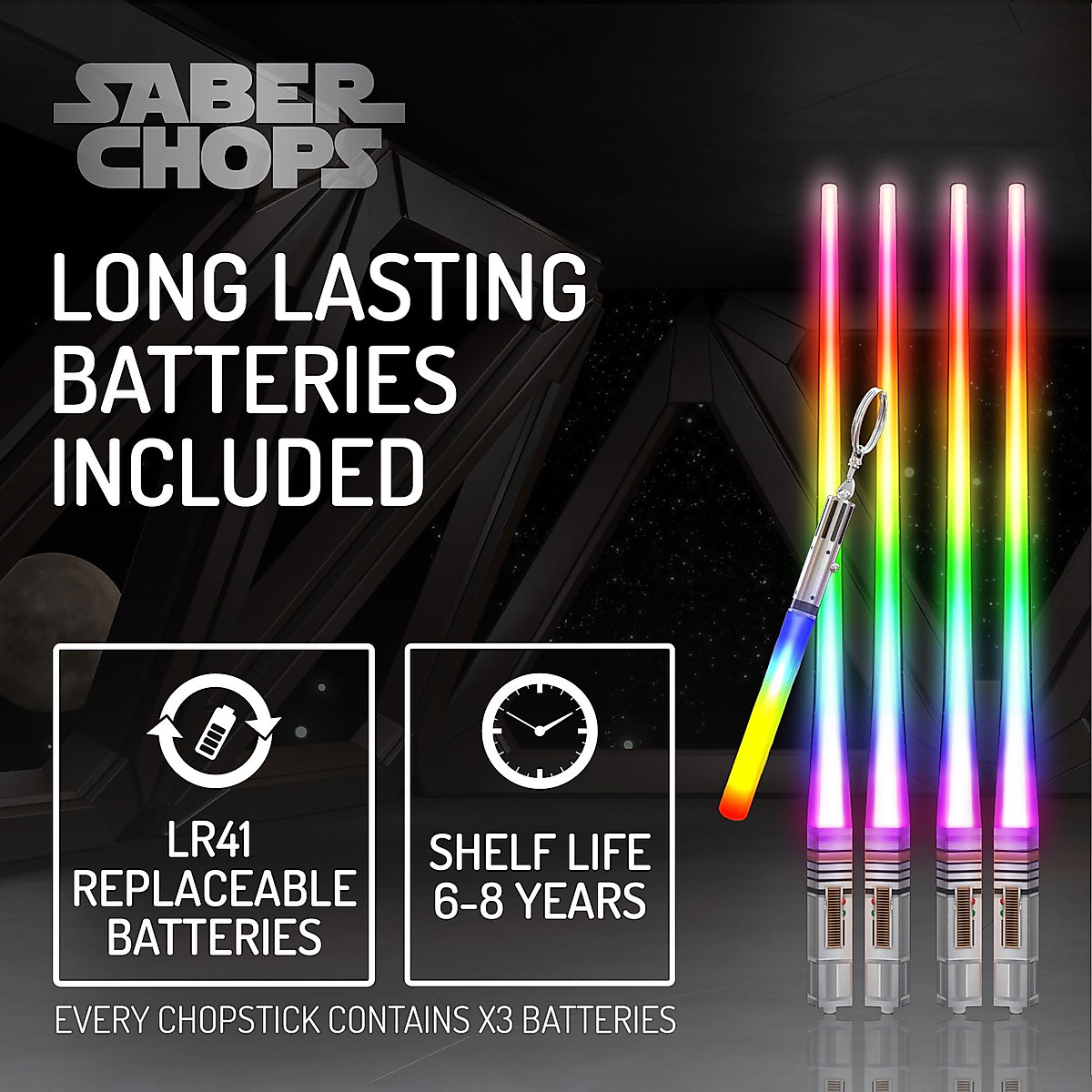 LIGHTSABER CHOPSTICKS LIGHT UP STAR WARS CHOPSTICK LED Glowing Light Saber Chop Sticks REUSABLE Sushi Sabers Cool Fun Geeky STARWARS Chop Stick Set 2 PAIRS | FREE Keychain Soft Carry Pouch | Gift Box