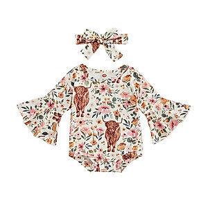 Qiylii Highland Cow Baby Romper Clothes Christmas Infant Girls Heifer Cow Print Flare Long Sleeve Jumpsuit Headband