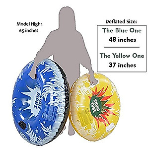 HIWENA Snow Tubes, Inflatable Snow Tubes for Family with 2 Higher Handles, Heavy Duty Snow Sled for Adults, and Snow Toy for Kids, 48 and 37 Inch Snowflake Snow Tubes (2 Pack)