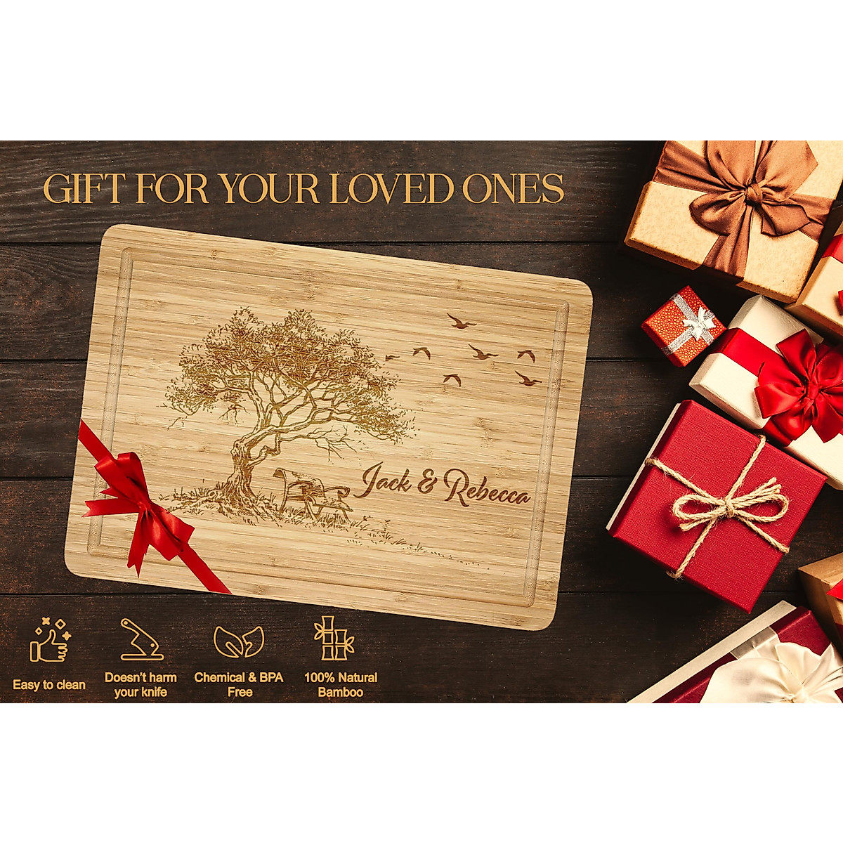 Love Bench Tree Names Personalized Bamboo Cutting Board, Custom Couple Names Cutting Board, Laser Engraved Chopping Board for Wedding, Anniversary, Engagement, Wedding Gifts