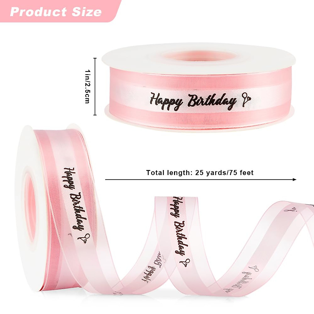 Happy Birthday Ribbon for Gift Wrapping, 1 Inch 25 Yards Pink Ribbon for Flower Bouquet, Organza Satin Ribbon for Crafts Bow Making Cake Box Party Decoration, Happy Birthday Ribbon for Flower Bouquet